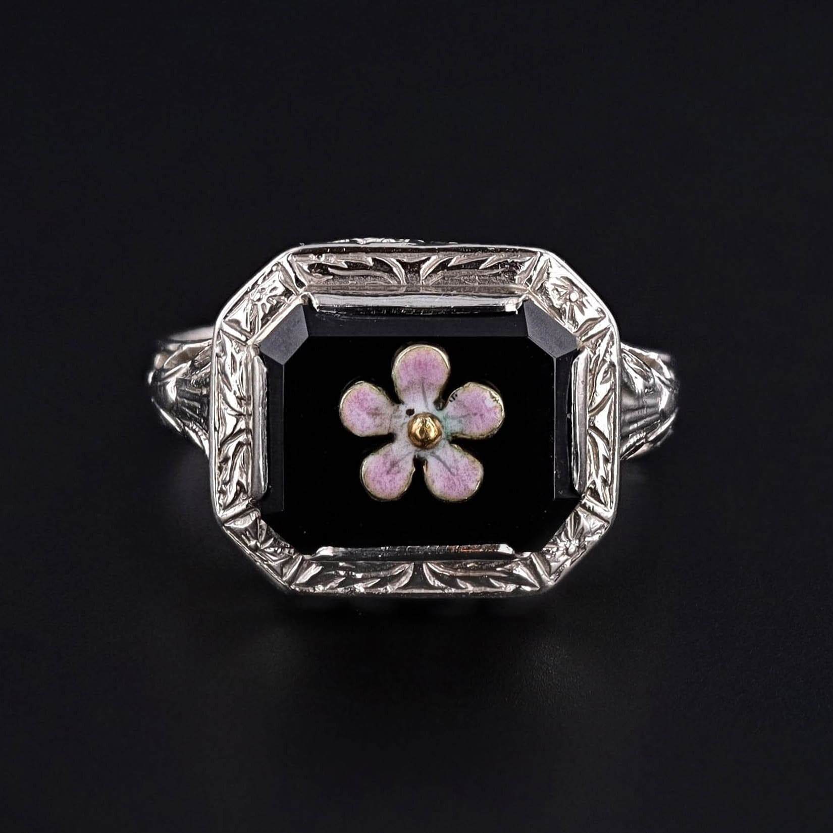 Vintage Onyx Flower Ring of 14k White Gold - Trademark Antiques